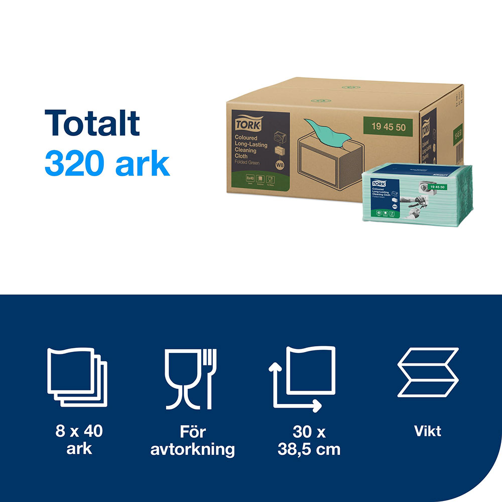 Rengöringsduk Tork W8 300x380 mm, grön - (40 st/fp)
