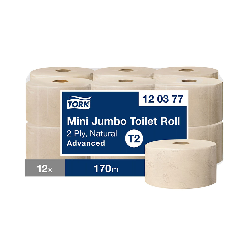Toalettpapper Tork Advanced Mini Jumbo T2 2-lag, natur, 170 m - (12 rl/fp)